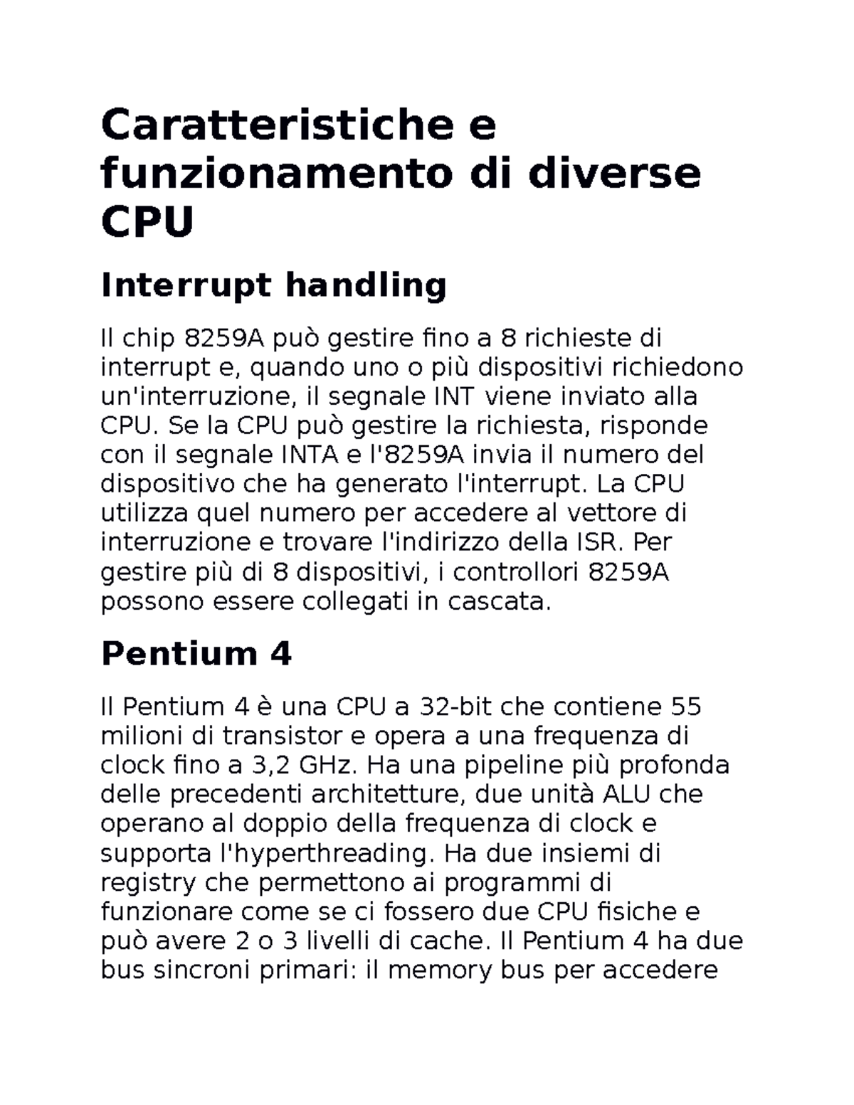Riassunto Caratteristiche e funzionamento di diverse CPU - Informatica ...