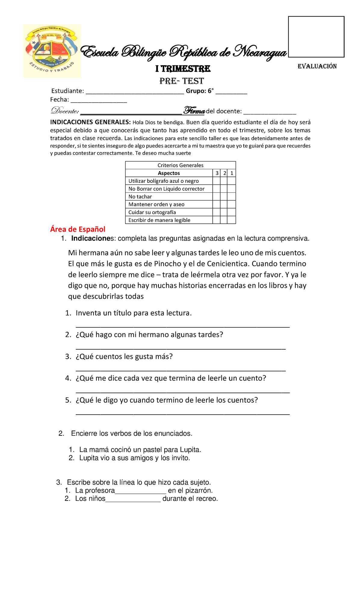 Pre test para imprimir pdf - Escuela Biling ̧e Rep ̇blica de Nicaragua ...
