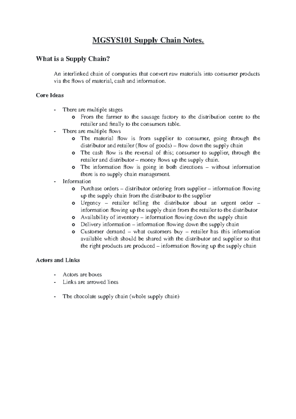 MGSYS101 Supply Chain Notes - What is a Supply Chain? An interlinked ...