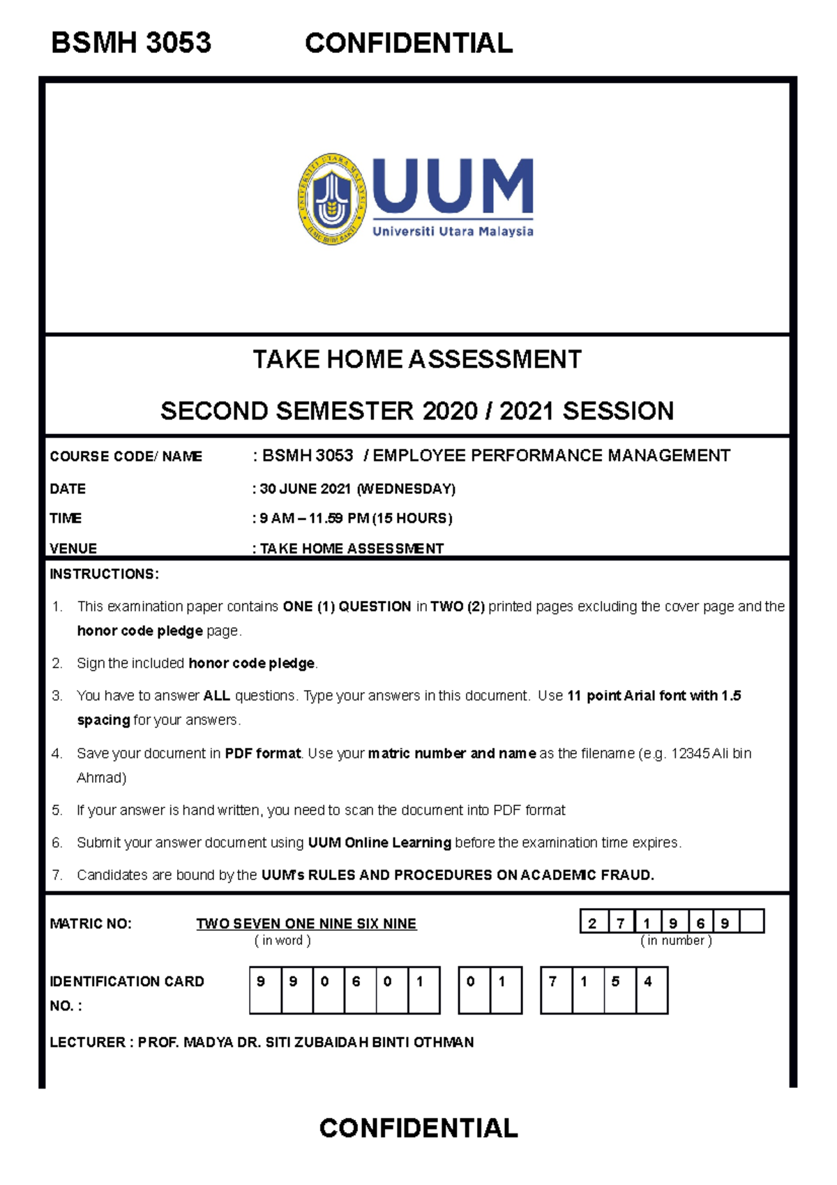 A202 takehomeexam instructions (BSMH 3053) - BSMH 3053 CONFIDENTIAL ...