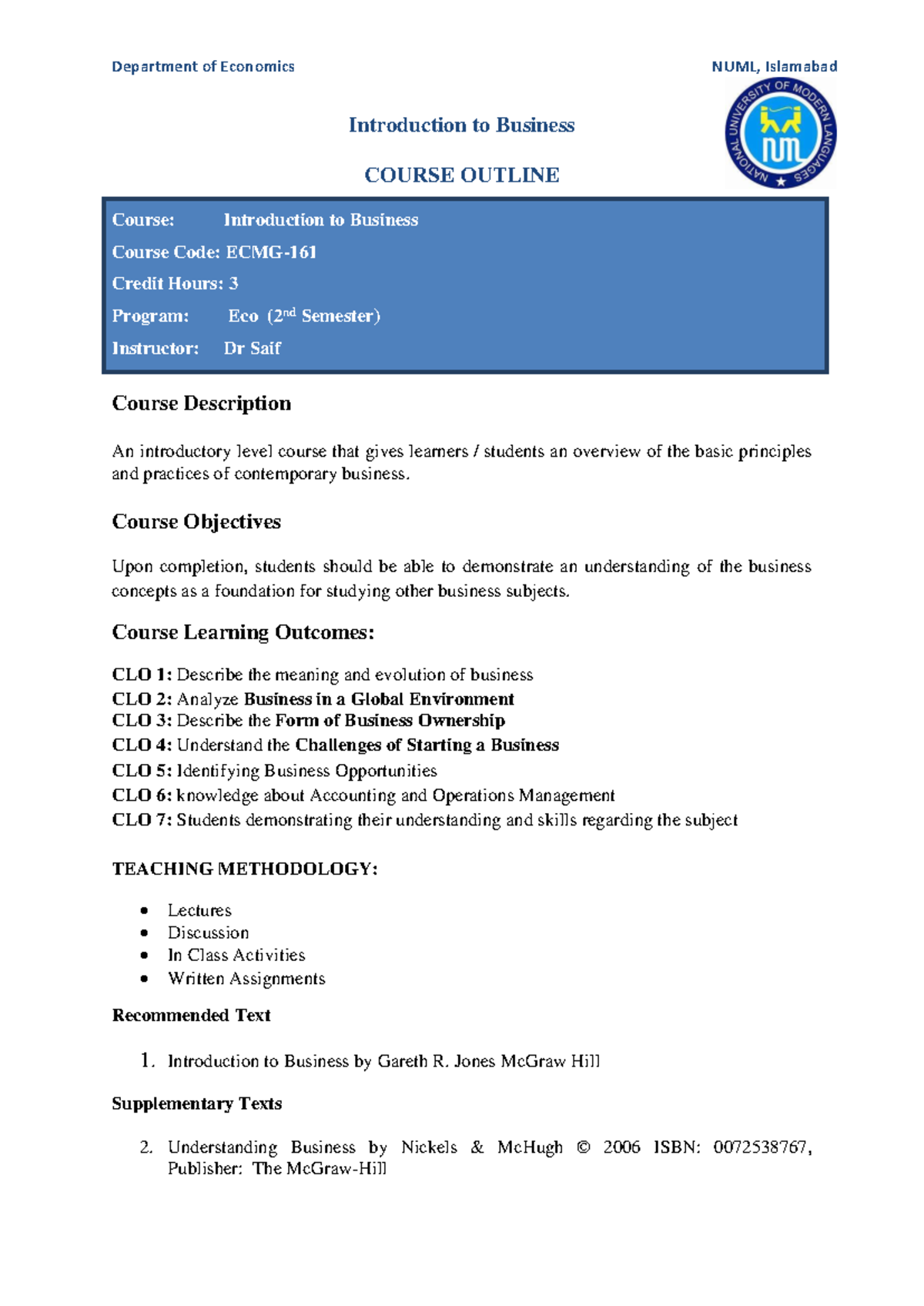 Introduction to Business BE 2 - Introduction to Business COURSE OUTLINE ...