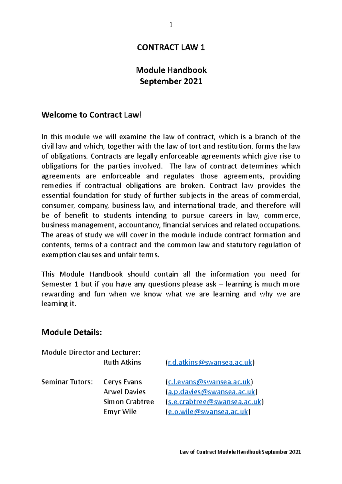 CL1 Module Handbook Sept 21 RDA - CONTRACT LAW 1 Module Handbook September 2021 Welcome to ...