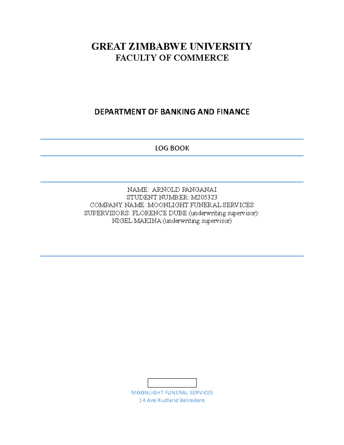Log Book - log book - GREAT ZIMBABWE UNIVERSITY FACULTY OF COMMERCE ...