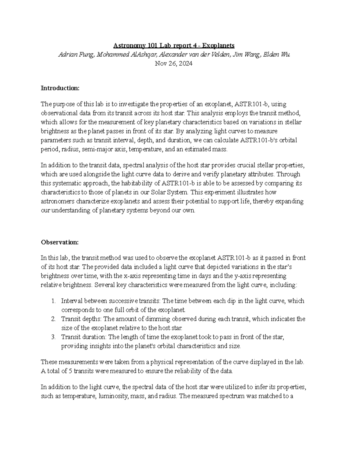 Astronomy 101 Lab report 4 - Exoplanets - Astronomy 101 Lab report 4 ...