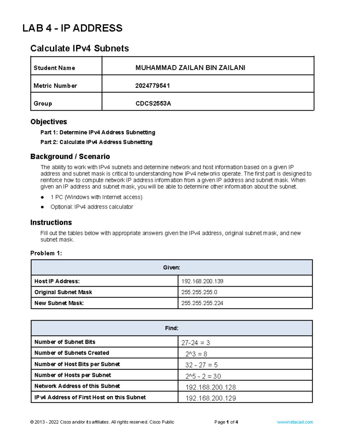 Lab 4 Calculate Ipv4 Subnets Lab 4 Ip Address Calculate Ipv4
