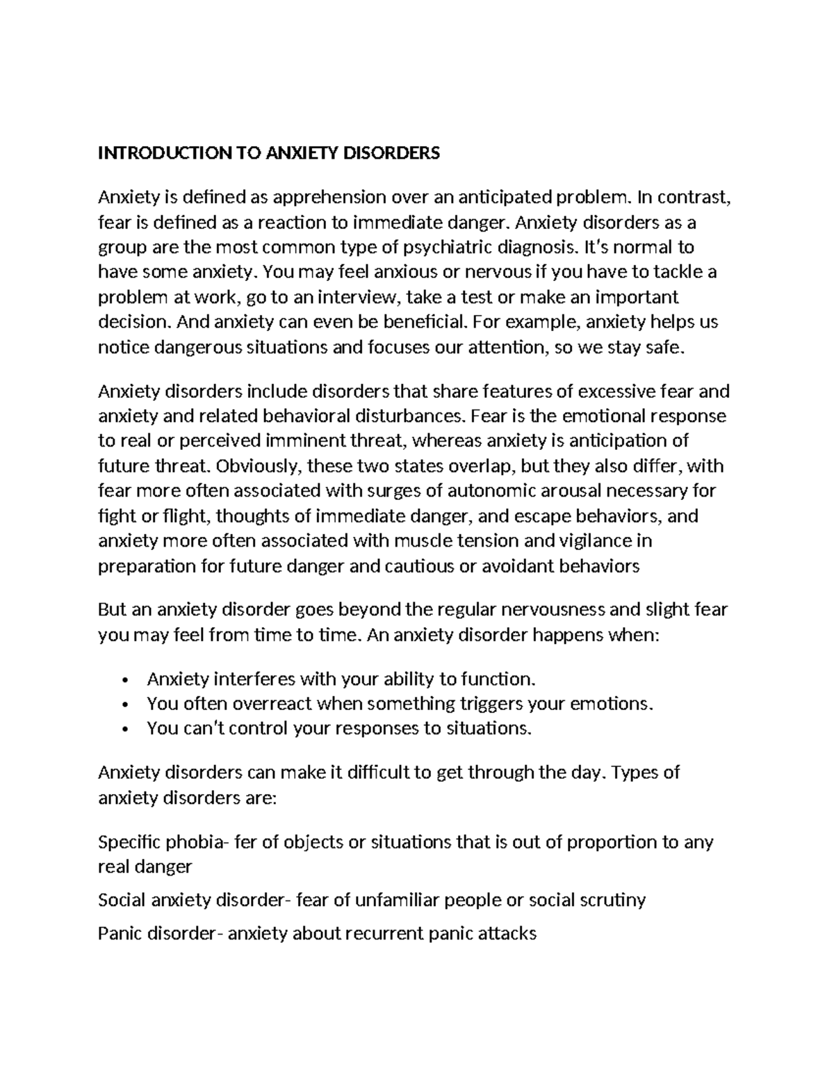 Anxiety Disorders - INTRODUCTION TO ANXIETY DISORDERS Anxiety is ...