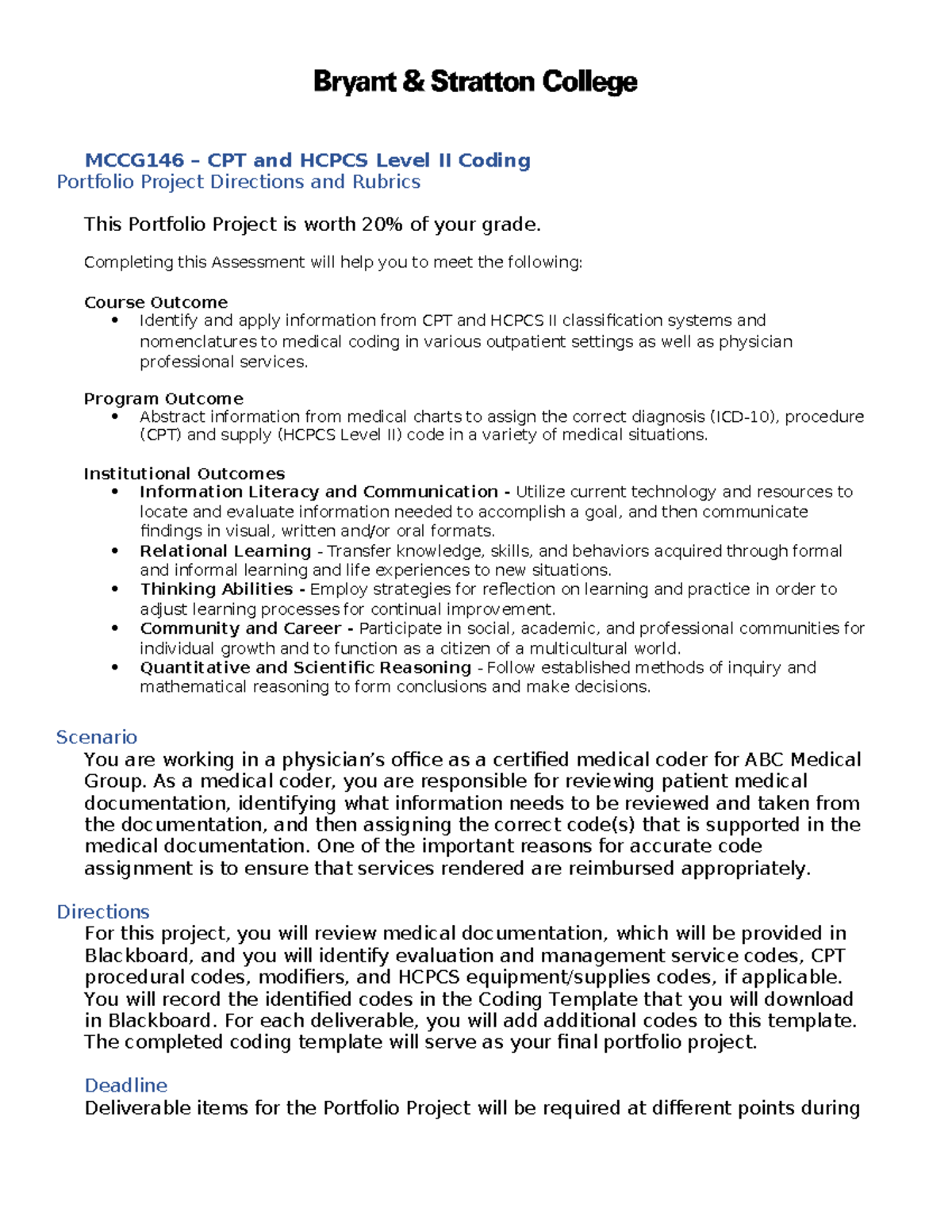 Mccg146 Portfolio Project Directions And Rubrics Mccg146 Cpt And Hcpcs Level Ii Coding 