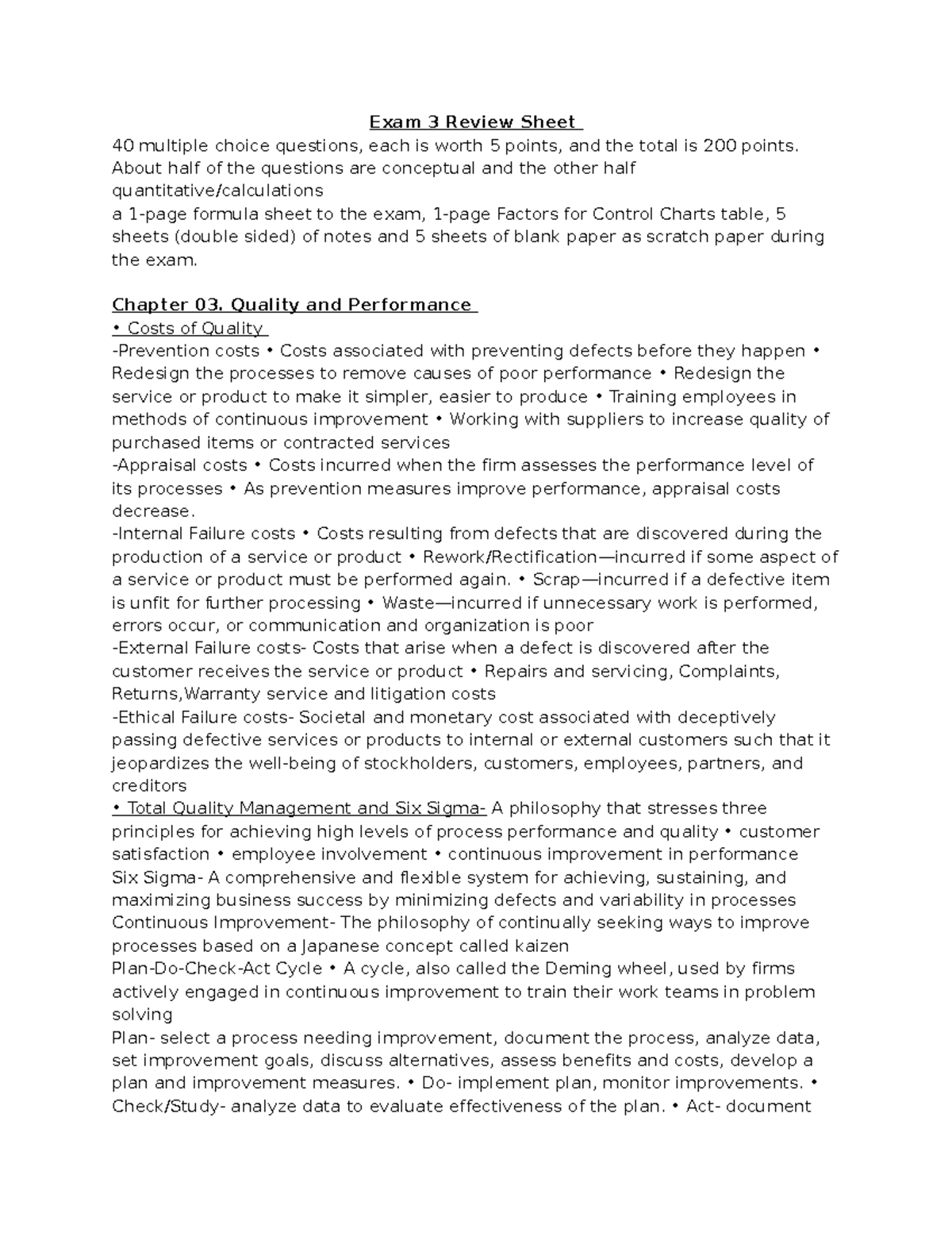 Exam 3 Review Sheet: Quality and Performance Costs Total Quality ...