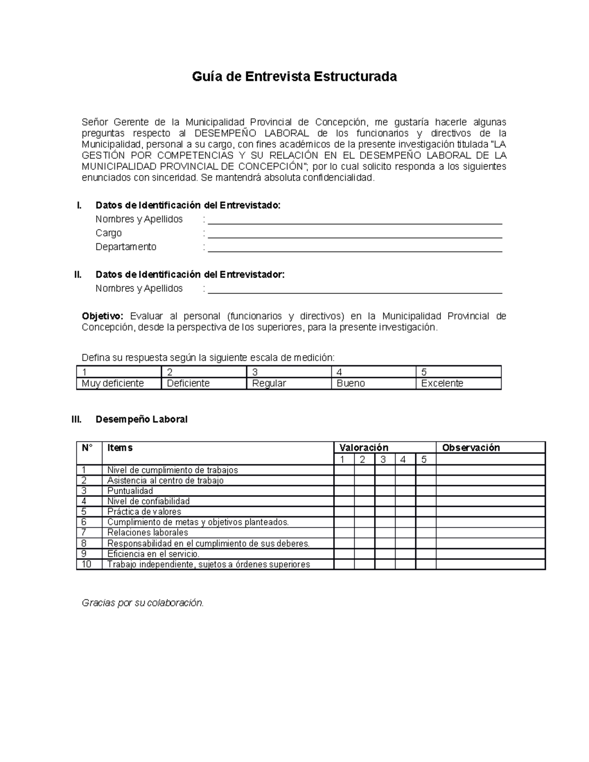 Guía de Entrevista Estructurada - Guía de Entrevista Estructurada Señor ...