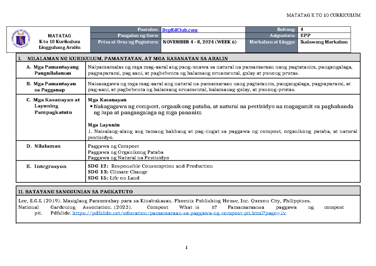 DLL Matatag EPP 4 Q2 W6 - about the effort - MATATAG K to 10 Kurikulum Lingguhang Aralin ...