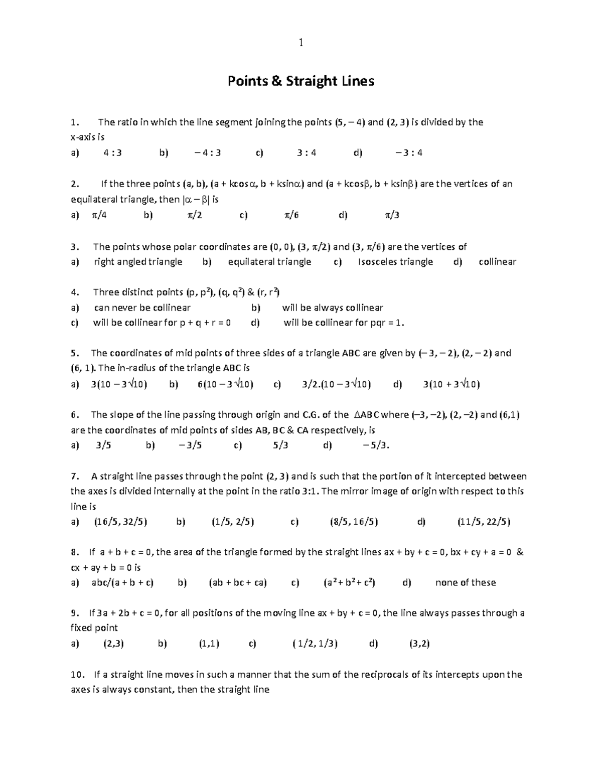 1 Straight line - Points & Straight Lines The ratio in which the line ...