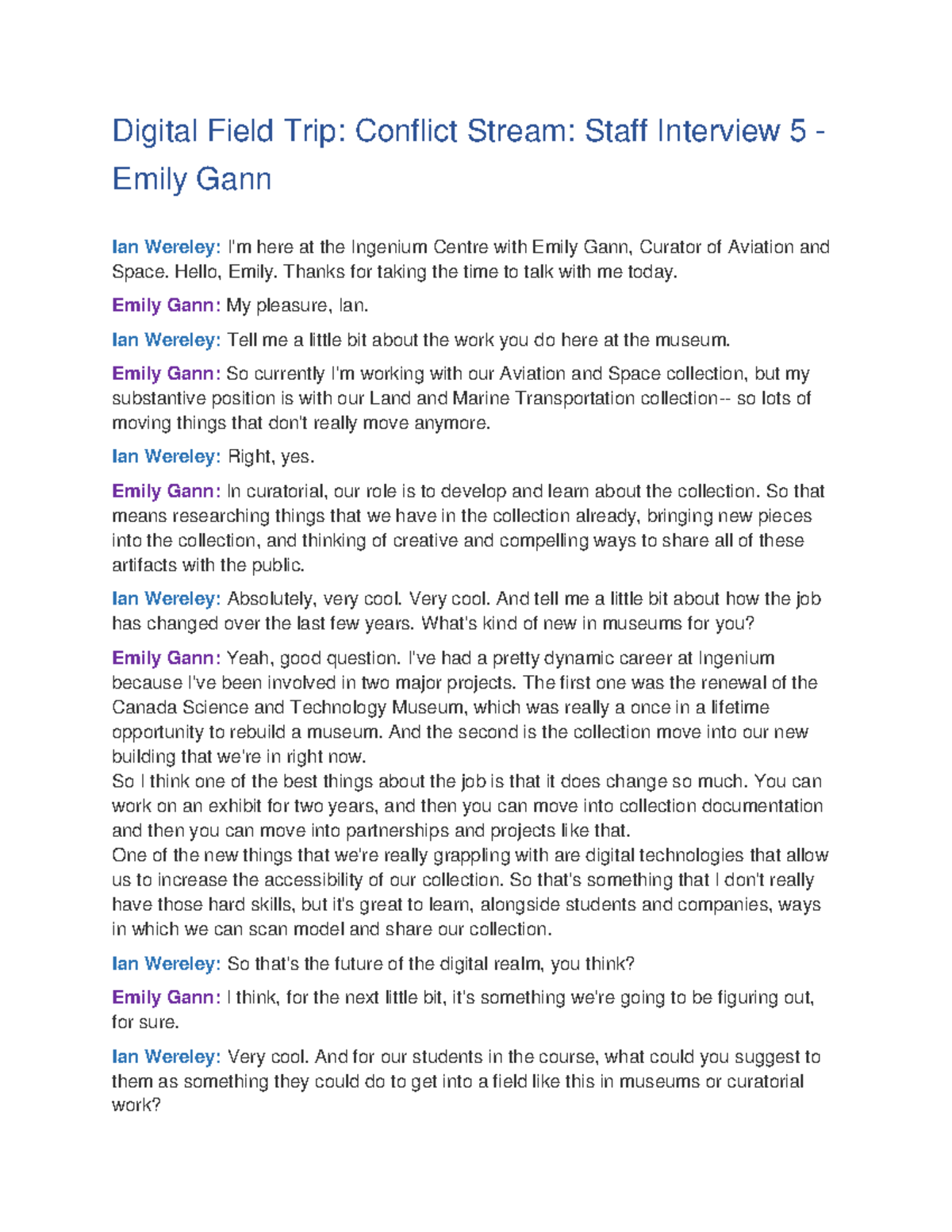 Digital FIeld Trip Conflict Stream Staff Interview - Hello, Emily ...