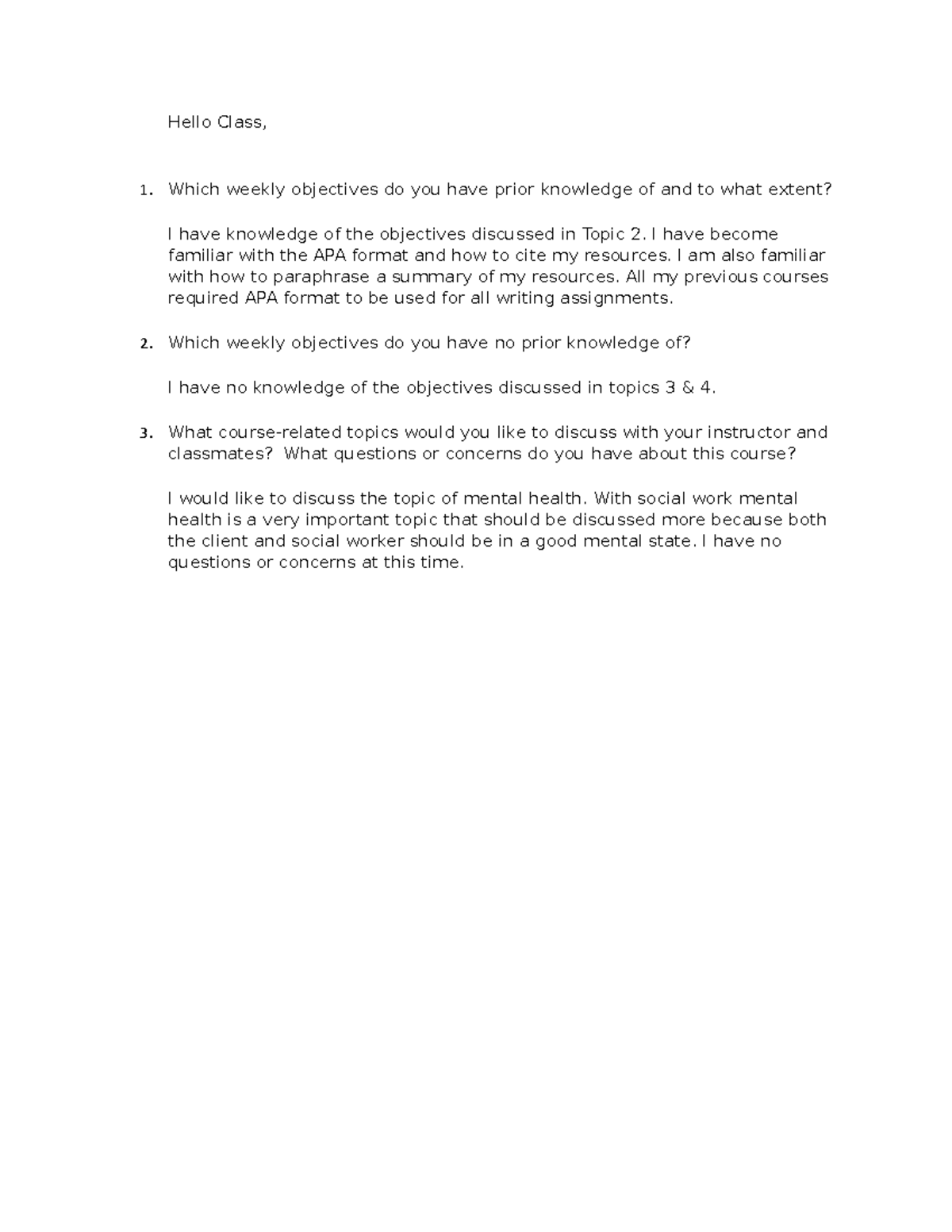 Summary of Current Course Content Knowledge - Hello Class, Which weekly ...