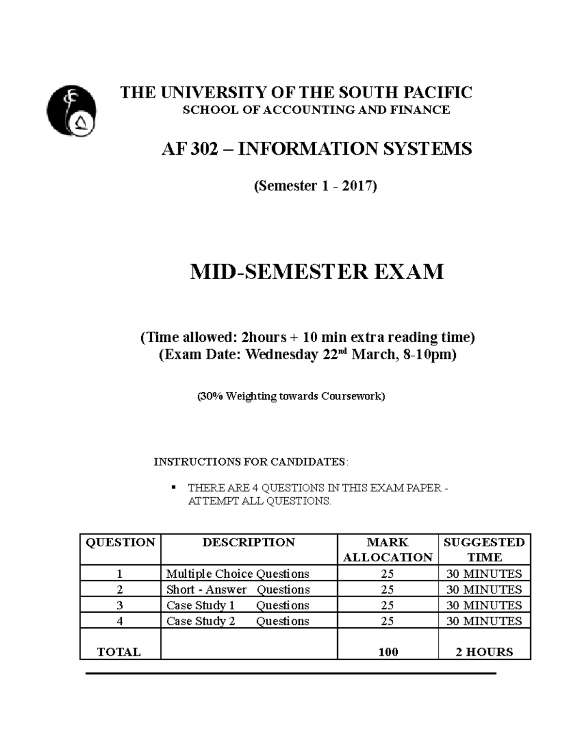2017 mid-test question paper - THE UNIVERSITY OF THE SOUTH PACIFIC ...