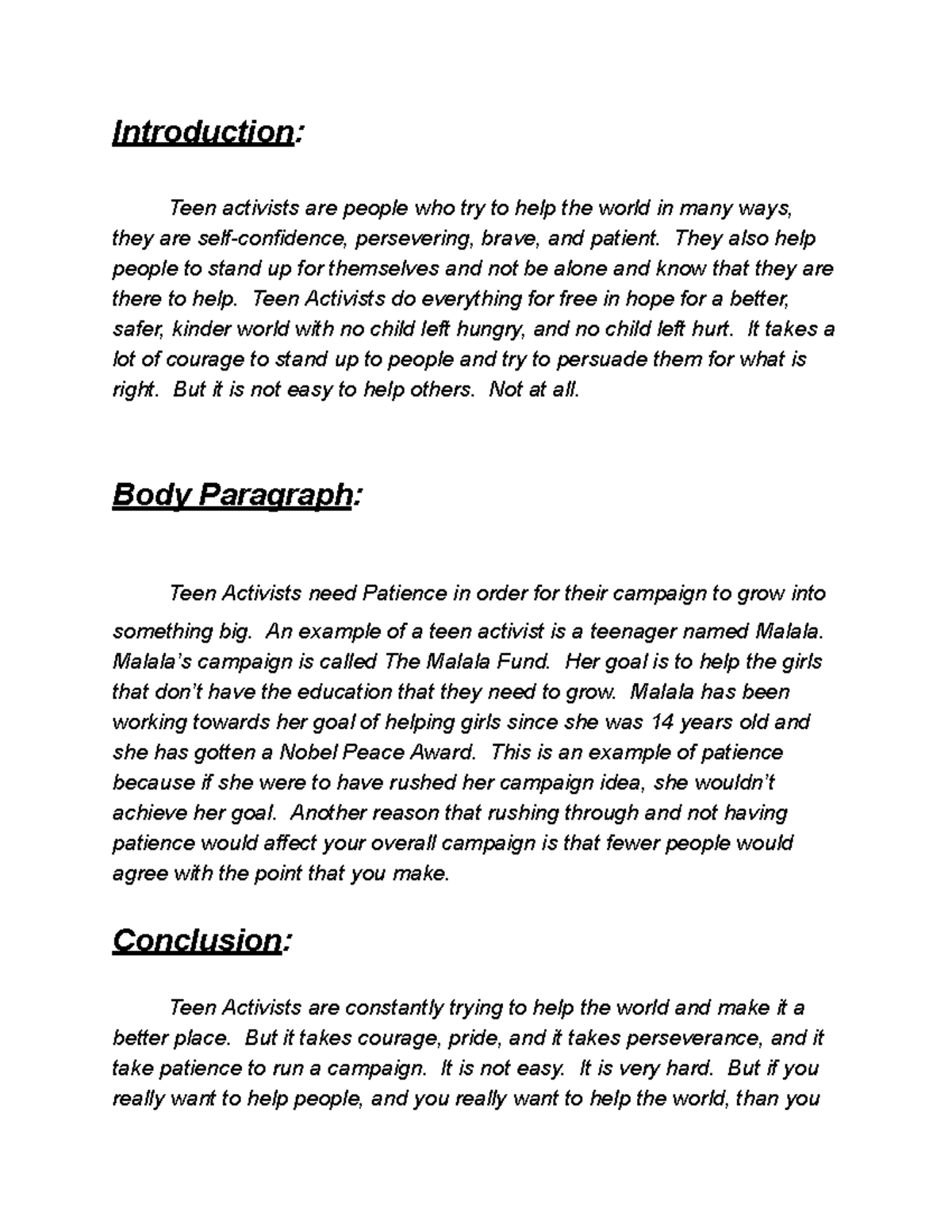 Essay - Introduction: Teen activists are people who try to help the ...
