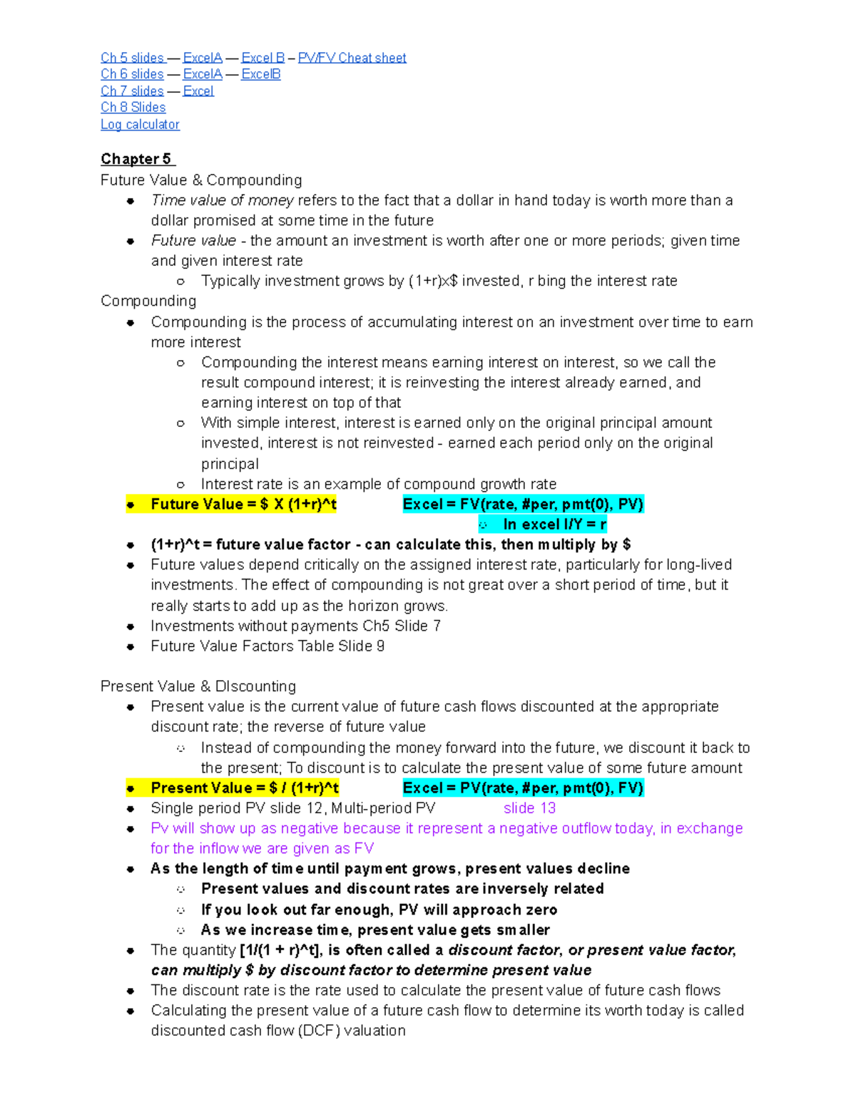 Finance Midterm ch 5,6,7,8 - Ch 5 slides — ExcelA — Excel B – PV/FV ...