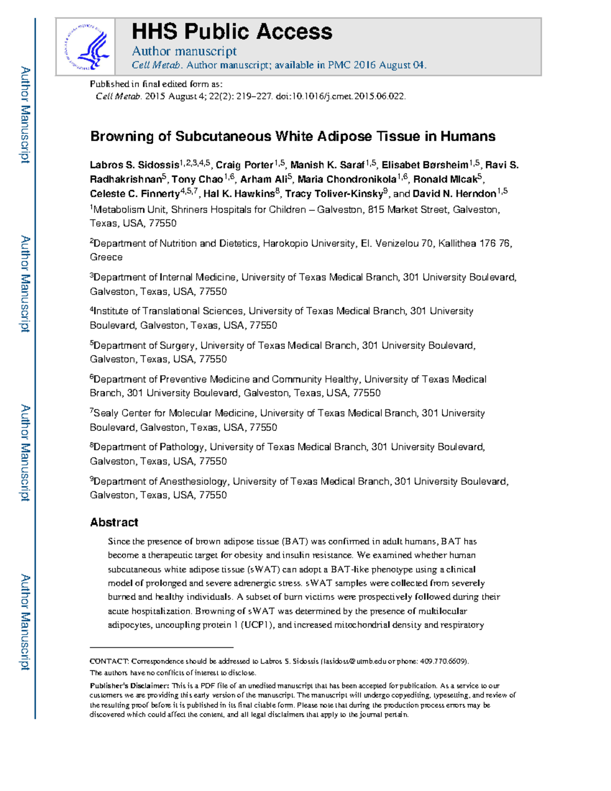 Browning of WAT Sidossis 2015 - Browning of Subcutaneous White Adipose ...