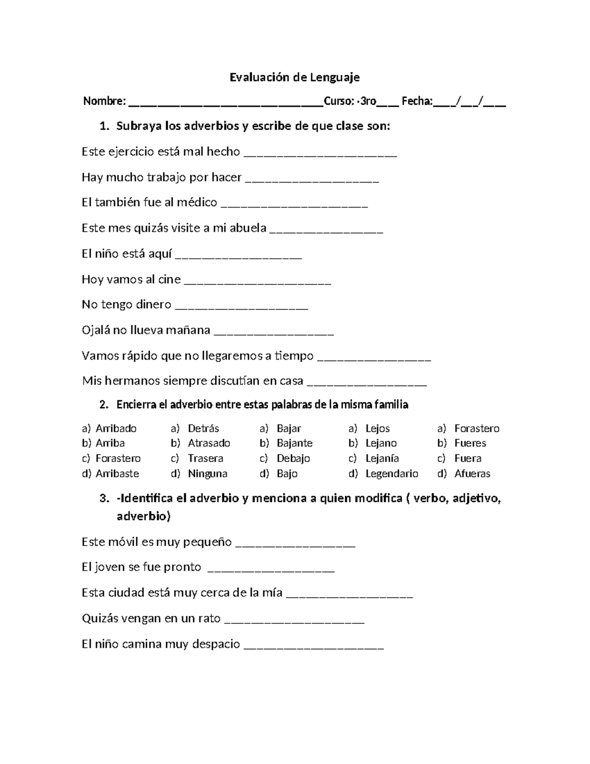 Evaluación de Lengua 3 - trabajo - Evaluación de Lenguaje Nombre: ___________________Curso: ·3ro ...