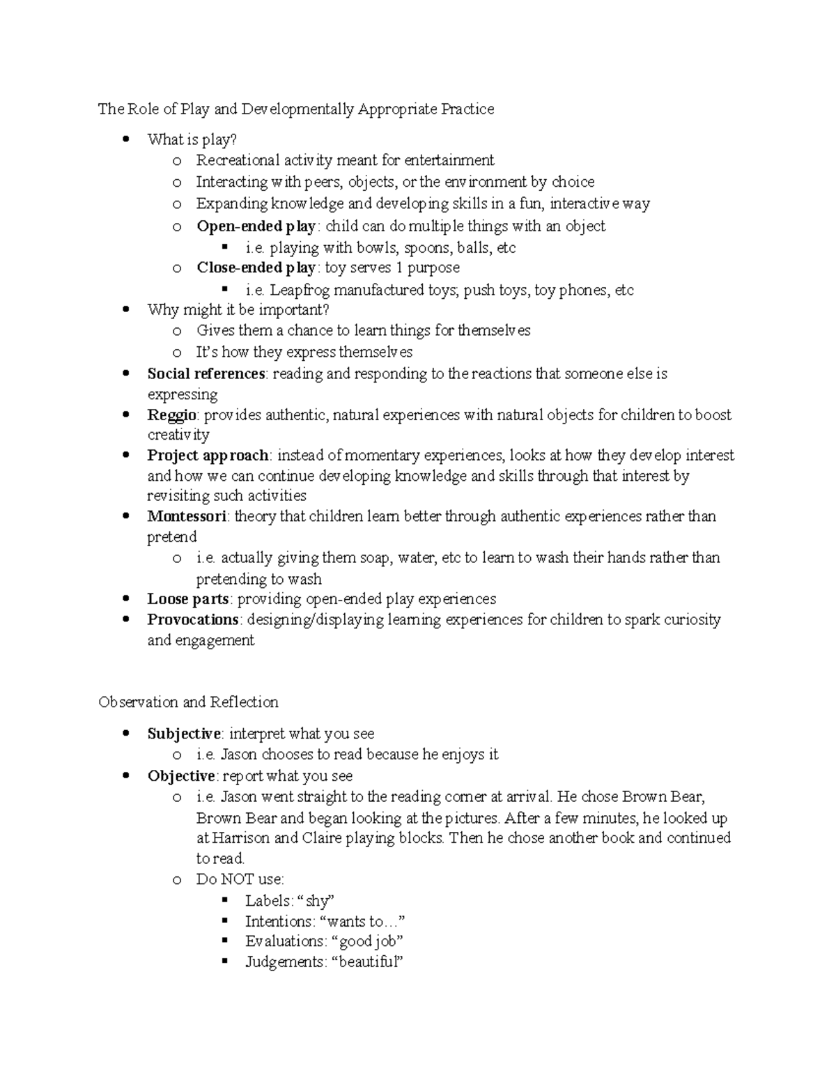 Unit 1 Class Notes - The Role of Play and Developmentally Appropriate ...