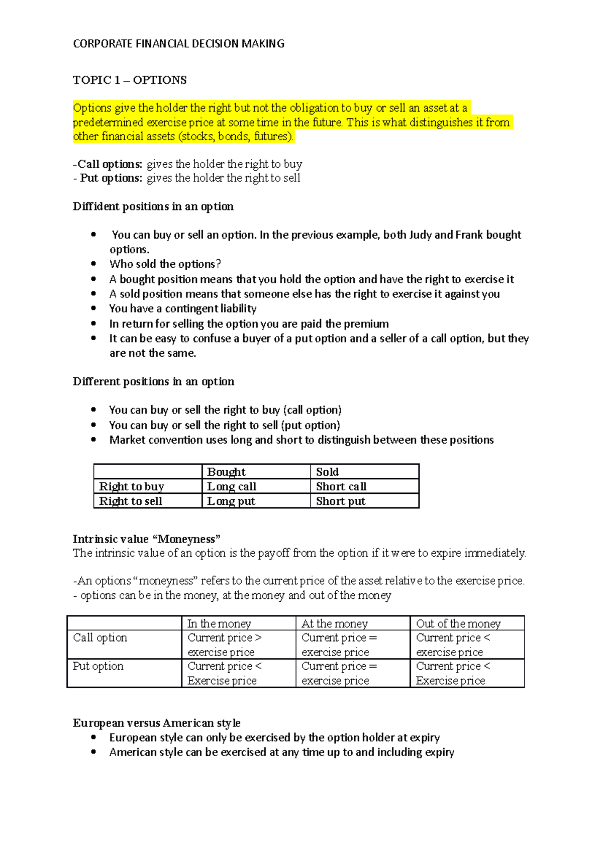 CFDM - Lecture notes for CFDM sem 1 2022. - TOPIC 1 – OPTIONS Options ...