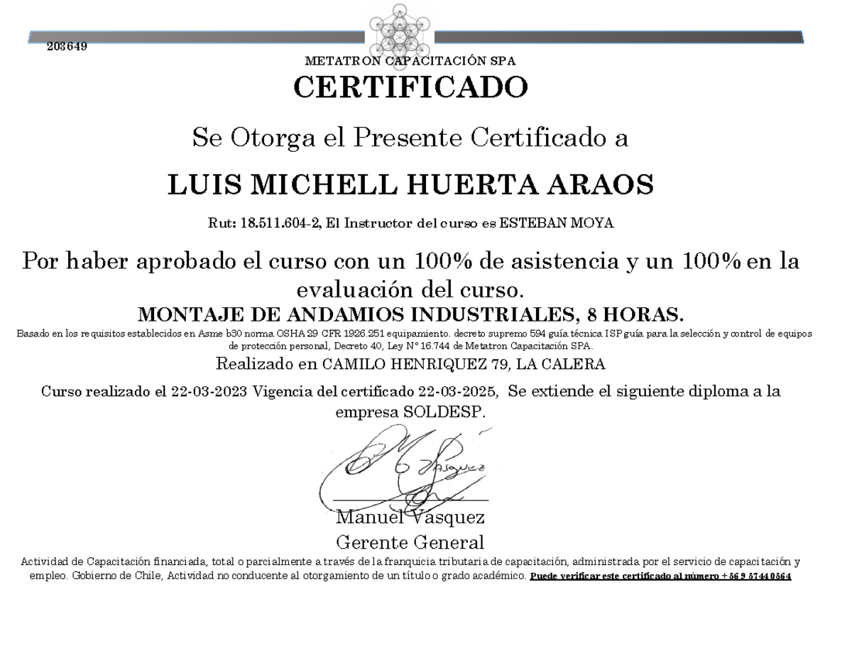 Certificado Andamios Soldesp 22 DE Marzo 2023 - METATRON CAPACITACIÓN ...