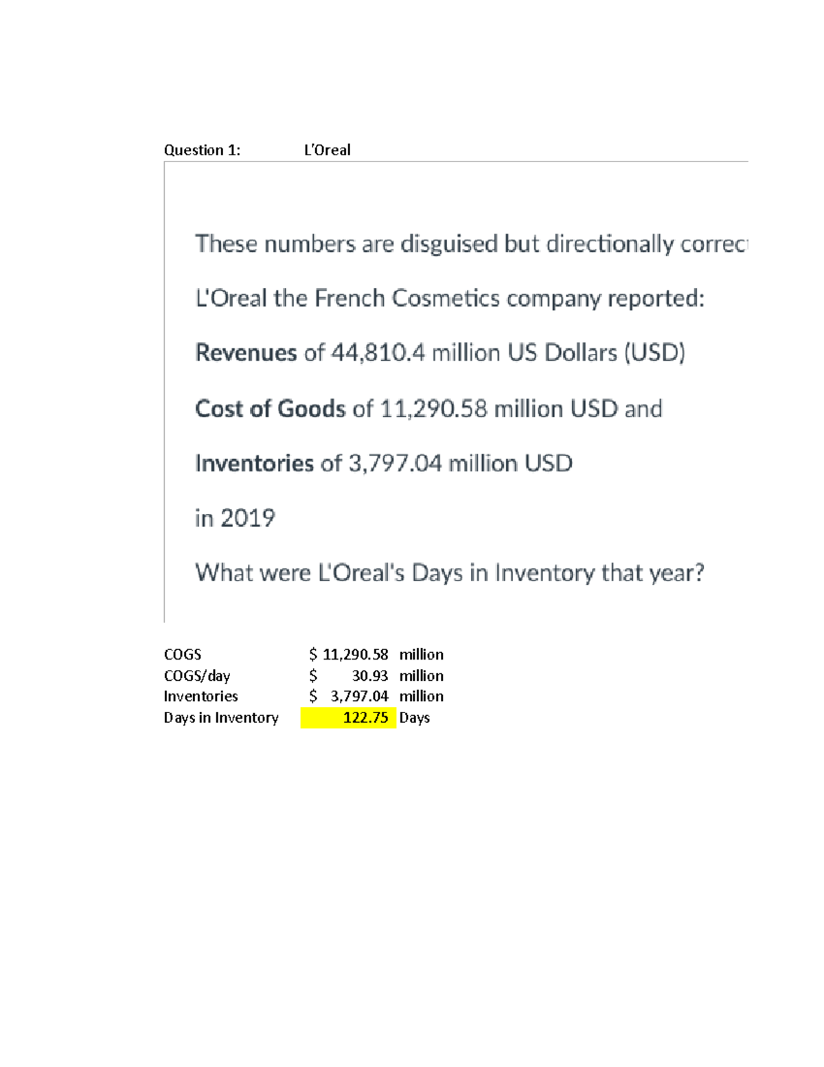 IE 3103 Old Mid Term Solutions - Question 1: L'Oreal COGS $ 11,290 ...