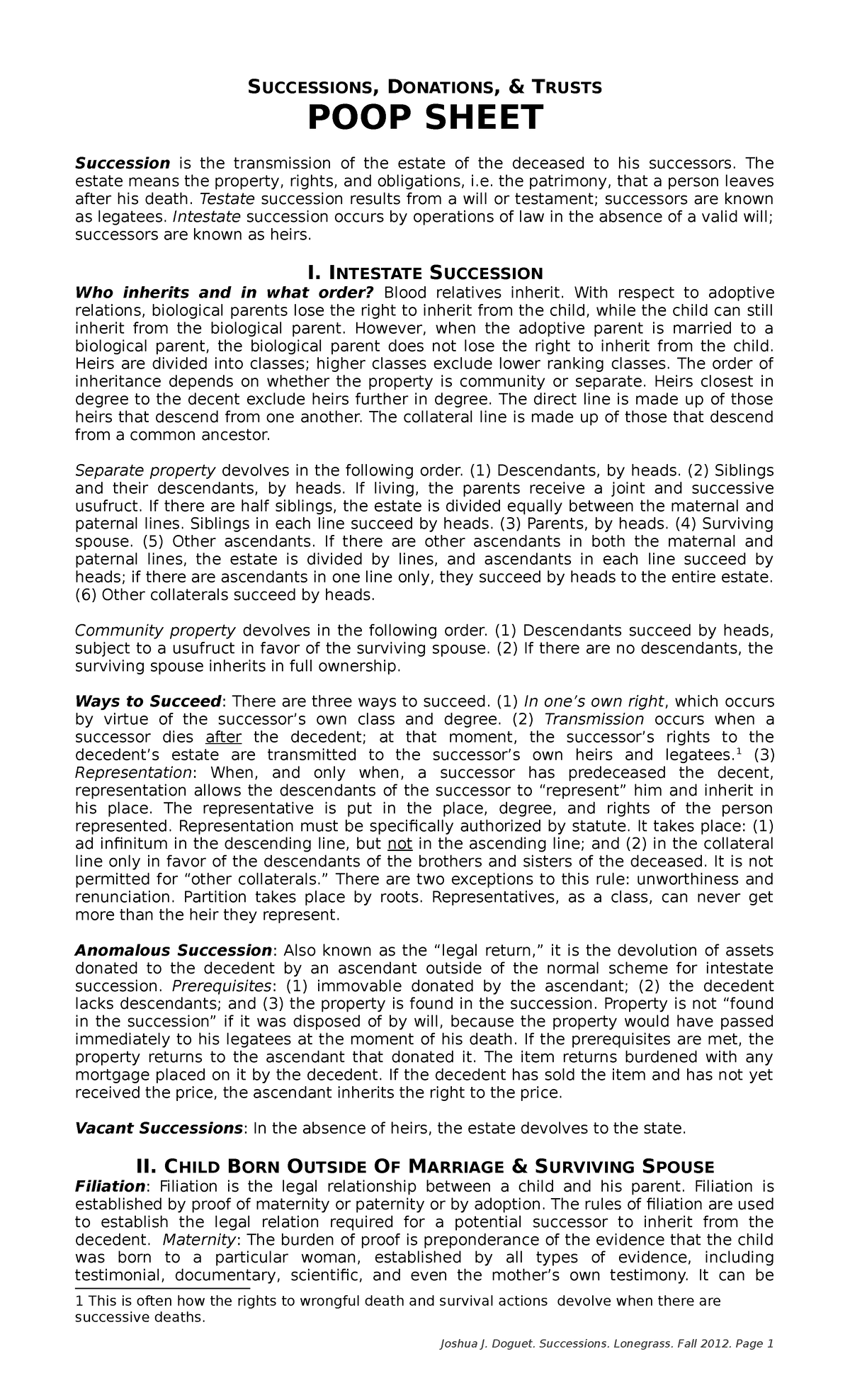 Doguet.Successions.Lonegrass - SUCCESSIONS, DONATIONS, & TRUSTS POOP SHEET Succession is the ...