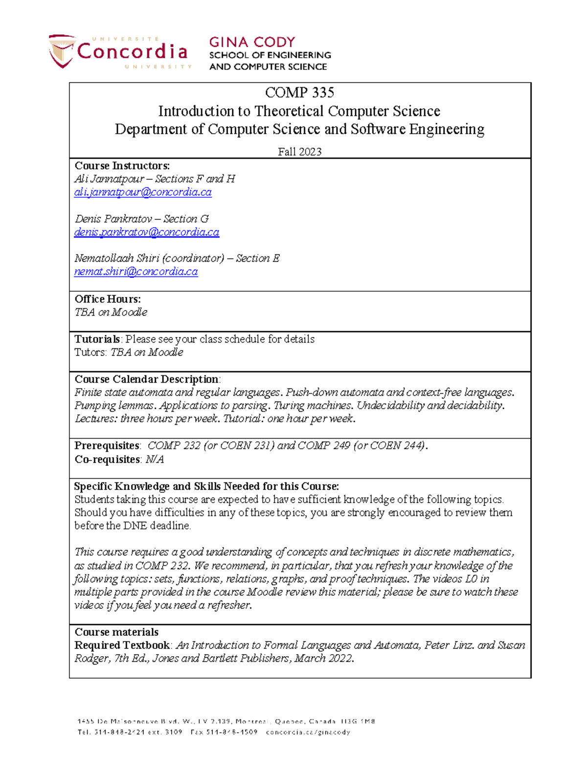 Course Outline COMP 335 Fall 2023 62ba0d0d61867 e9d41af562ec50b6956 - COMP 335 Introduction to ...