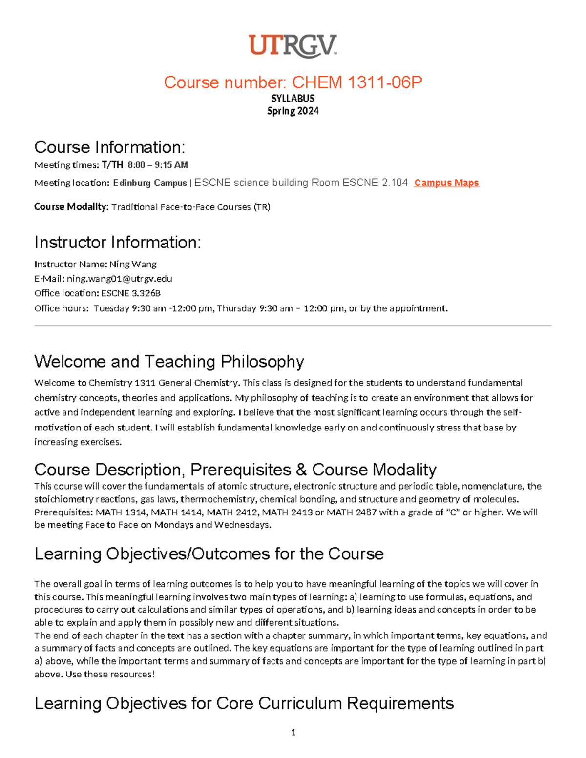 CHEM 1311-06P Spring 2024 Syllabus - Course number: CHEM 1311-06P ...