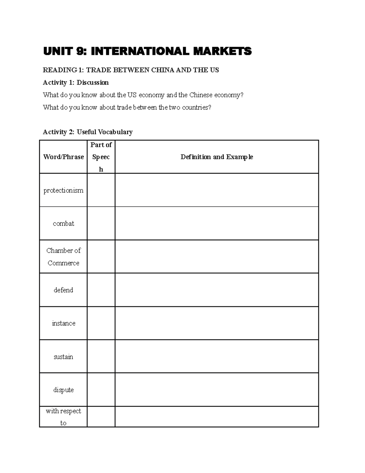 UNIT 9 - sc dcsd - UNIT 9 : INTERNATIONAL MARKETS READING 1: TRADE ...