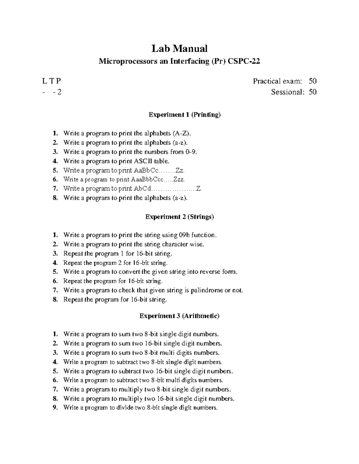 Lab Manual Cspc 22 Lab Manual Lab Manual Microprocessors An Interfacing Pr Cspc 22 L T P