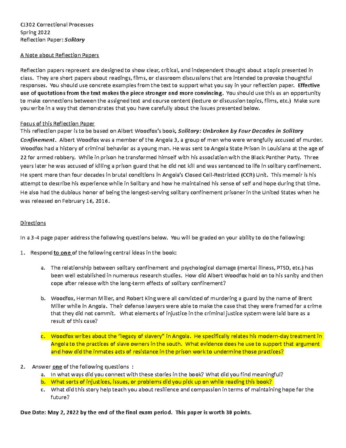 Reflection paper spring 2022 - CJ302 Correctional Processes Spring 2022 ...