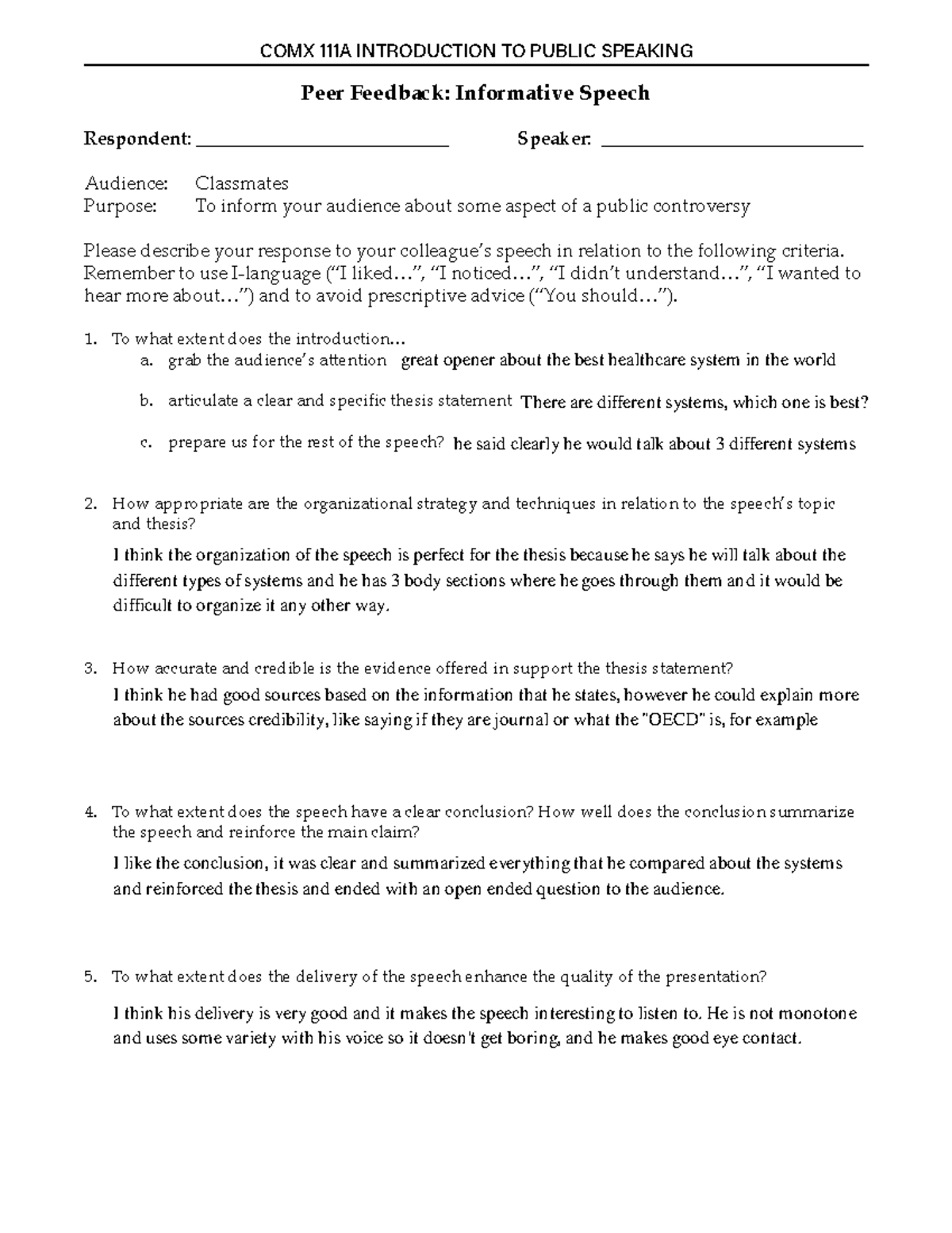 Informative Speech Peer Feedback 1 - COMX 111A INTRODUCTION TO PUBLIC ...