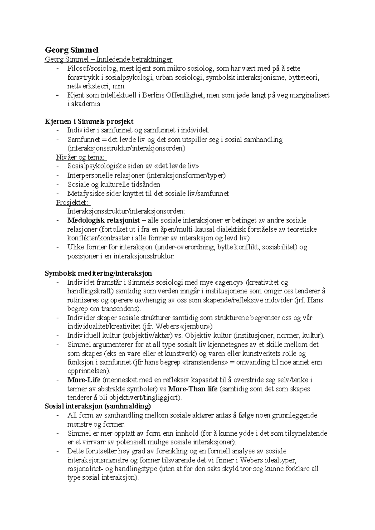 SOS1001 - Georg Simmel Georg Simmel – Innledende betraktninger ...