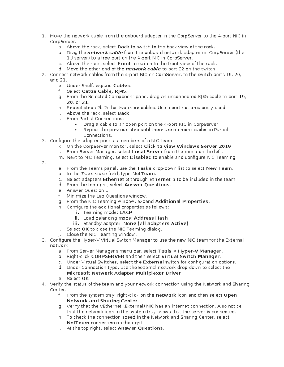 Test Out Lab Sim 11.6.9 Configure NIC Teaming - Move the network cable ...