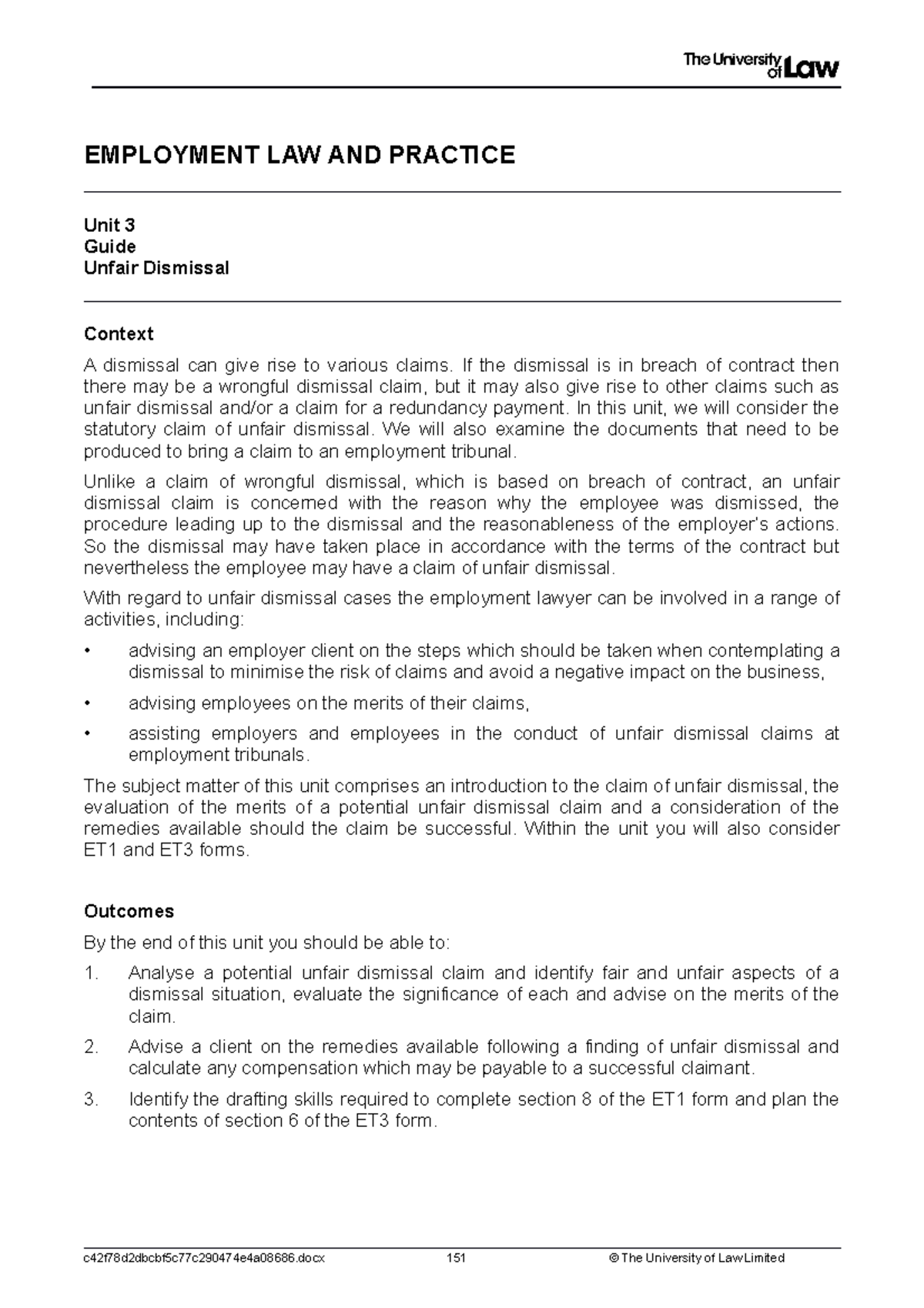 3. Unfair Dismissal - Workshop - EMPLOYMENT LAW AND PRACTICE Unit 3 ...