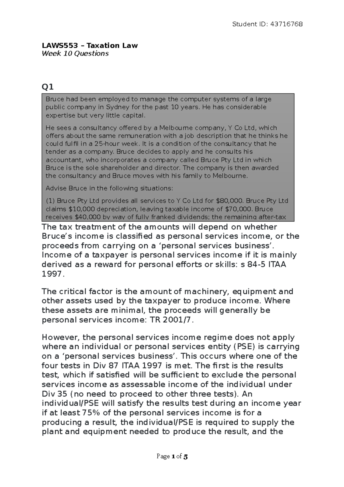 LAWS553 Tutorial Work Week 10 - Student ID: 43716768 LAWS553 – Taxation ...