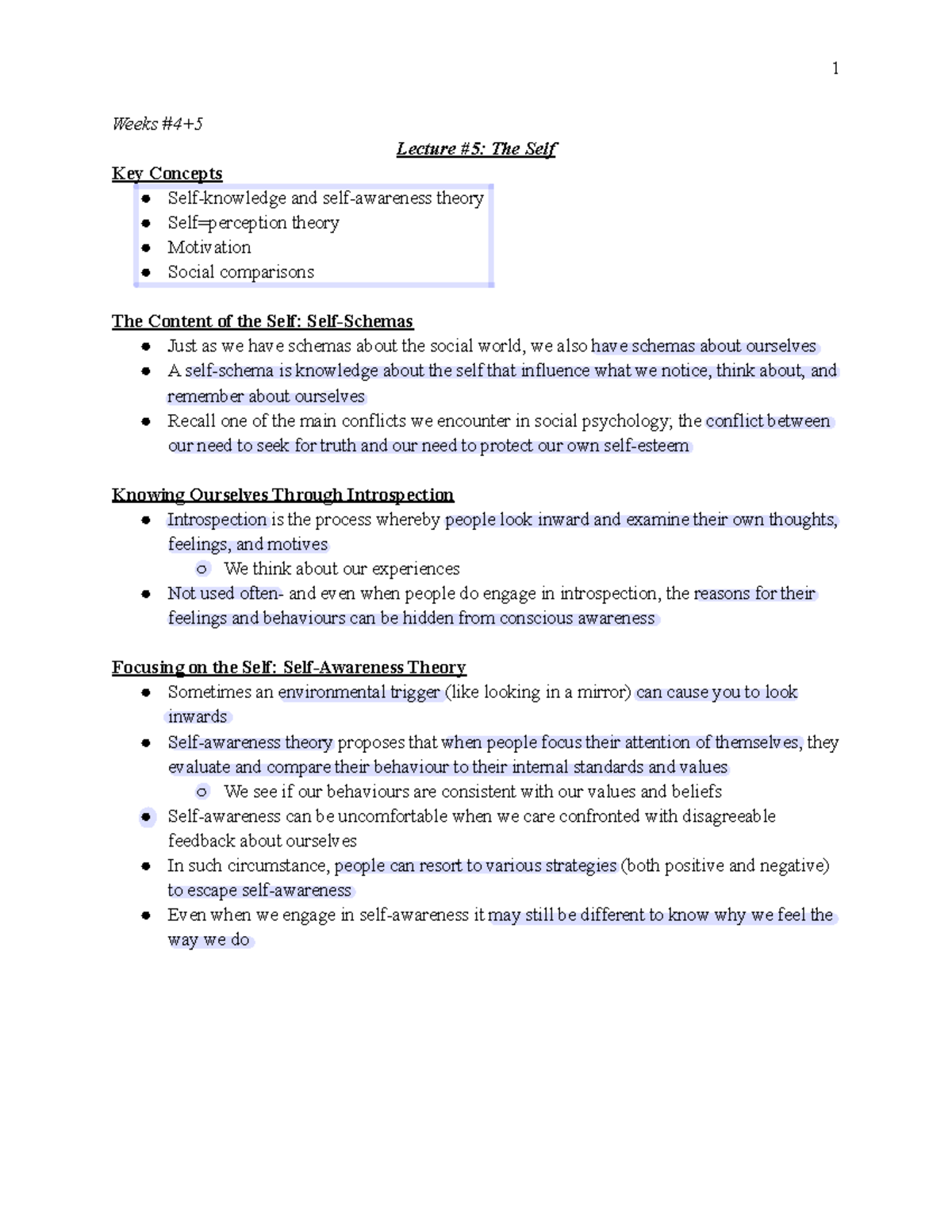 PSYC 325 - Lecture #5 - Weeks #4+ Lecture #5: The Self Key Concepts ...