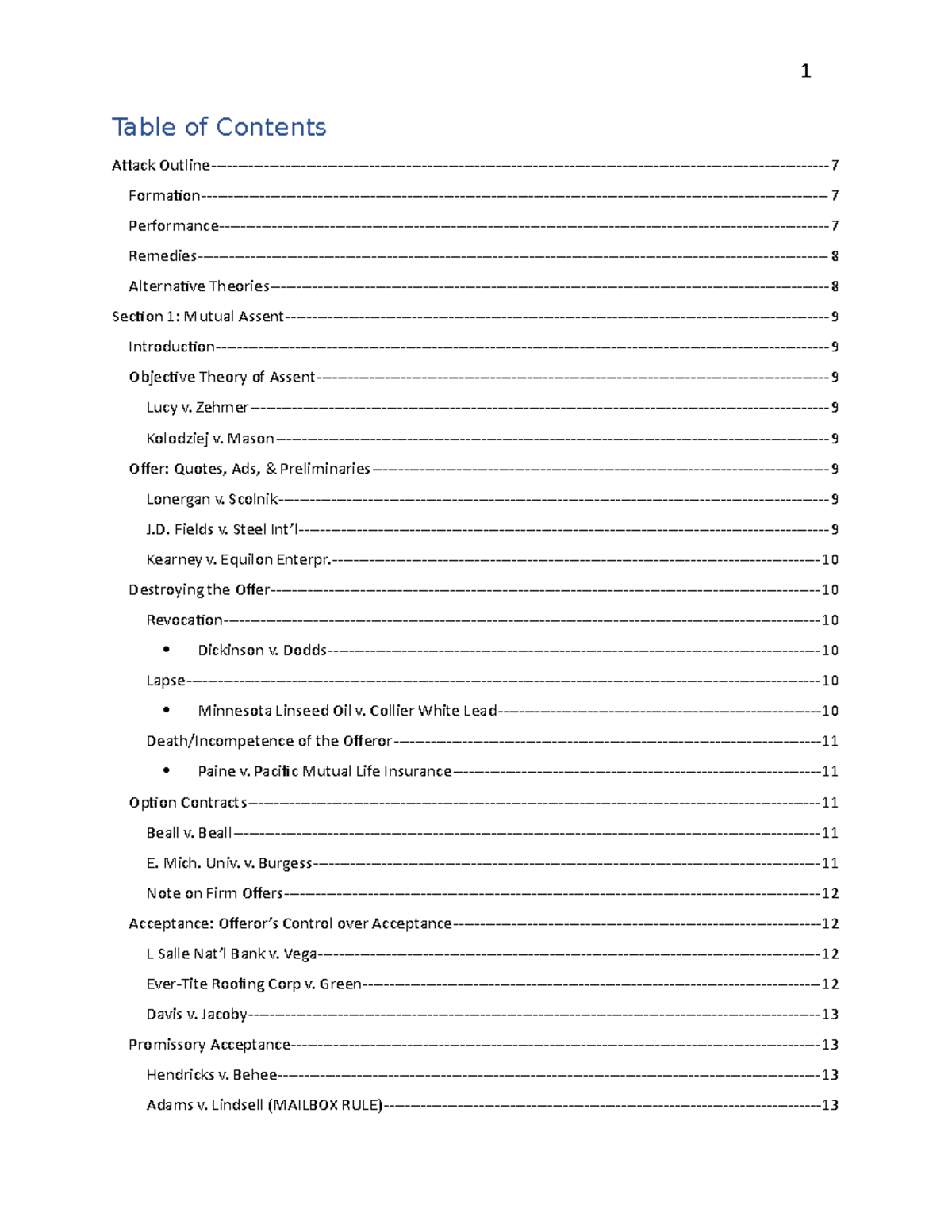 Contracts Final Outline - Table of Contents Attack Outline- Formation- Performance- Remedies ...