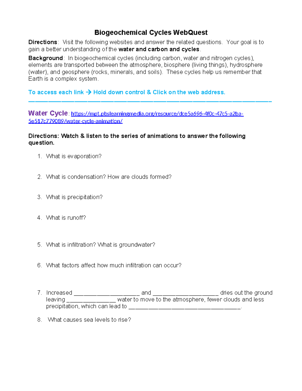 Biogeochemical Cycles Webquest - Biogeochemical Cycles WebQuest ...