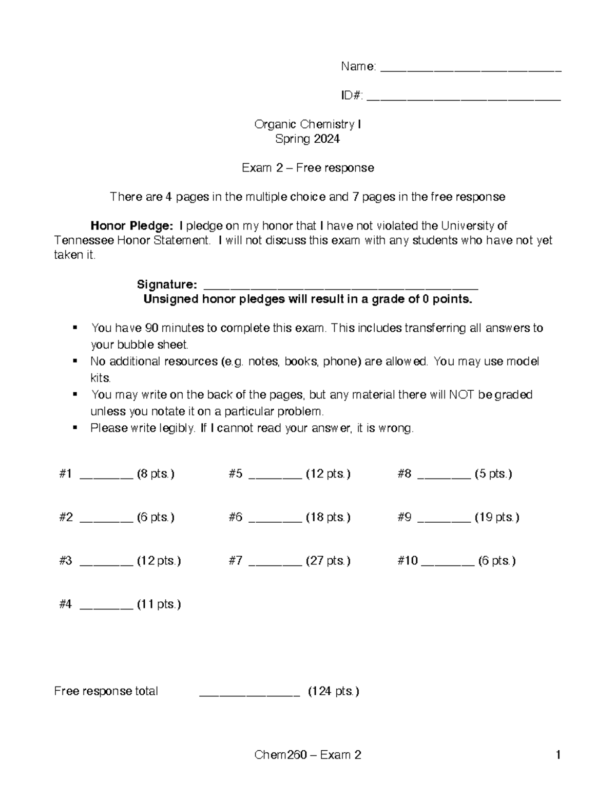 Exam 2 Chem260 S24 (Key) - Name: ___________________________ ID
