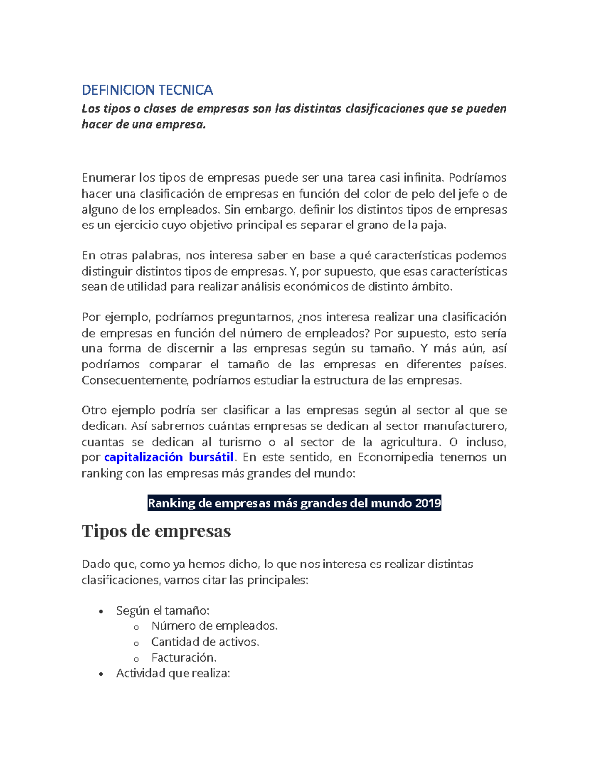 Distinguir Tipos de Empresas - DEFINICION TECNICA Los tipos o clases de ...