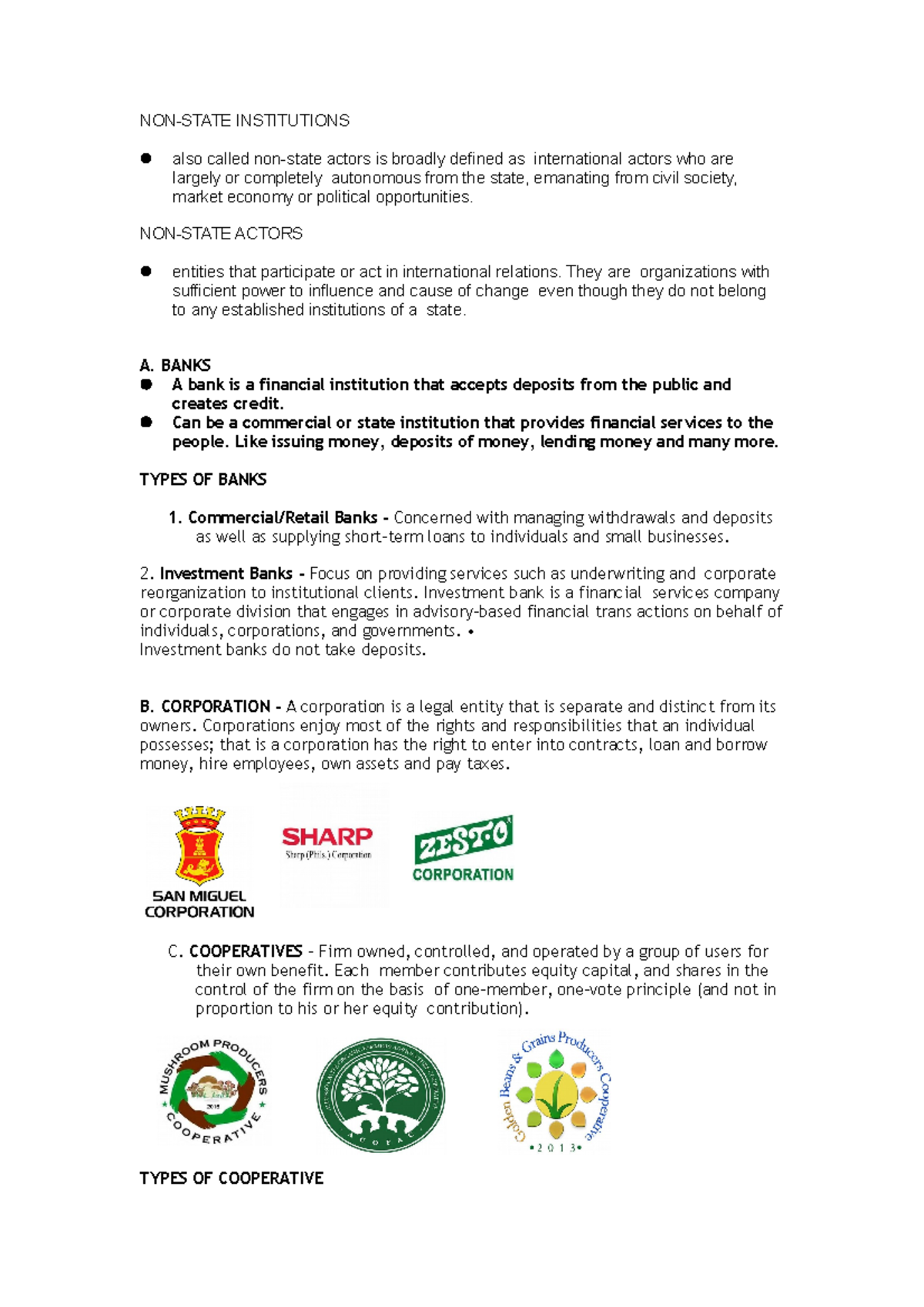 UCSP Reviewer - NON-STATE INSTITUTIONS also called non-state actors is ...