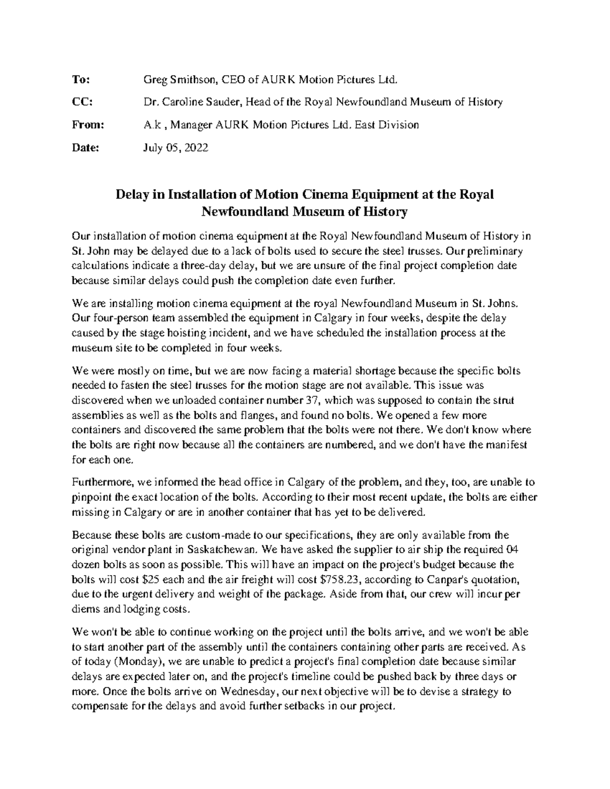 Occasional Progress Report - Delay in Installation of Motion Cinema ...