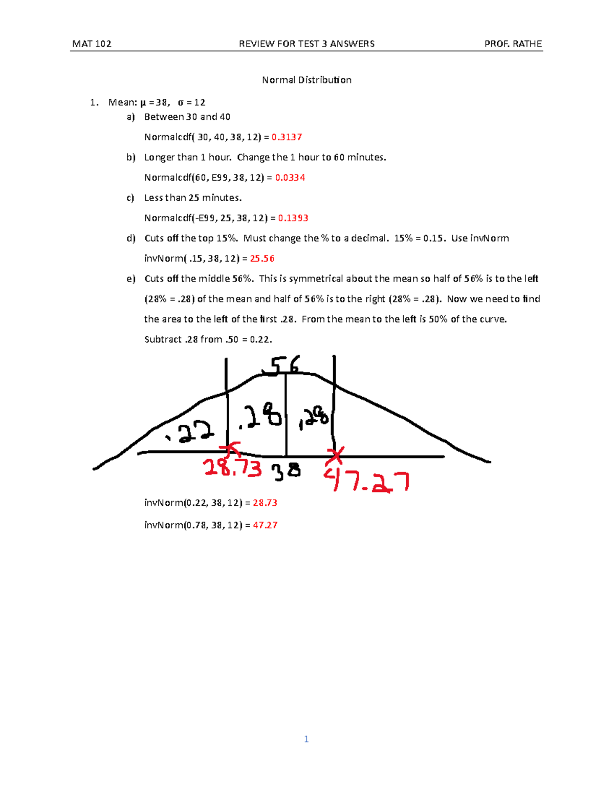 MAT 102 Answers to Review for test 3 - Normal Distribuon Mean: μ = 38 ...