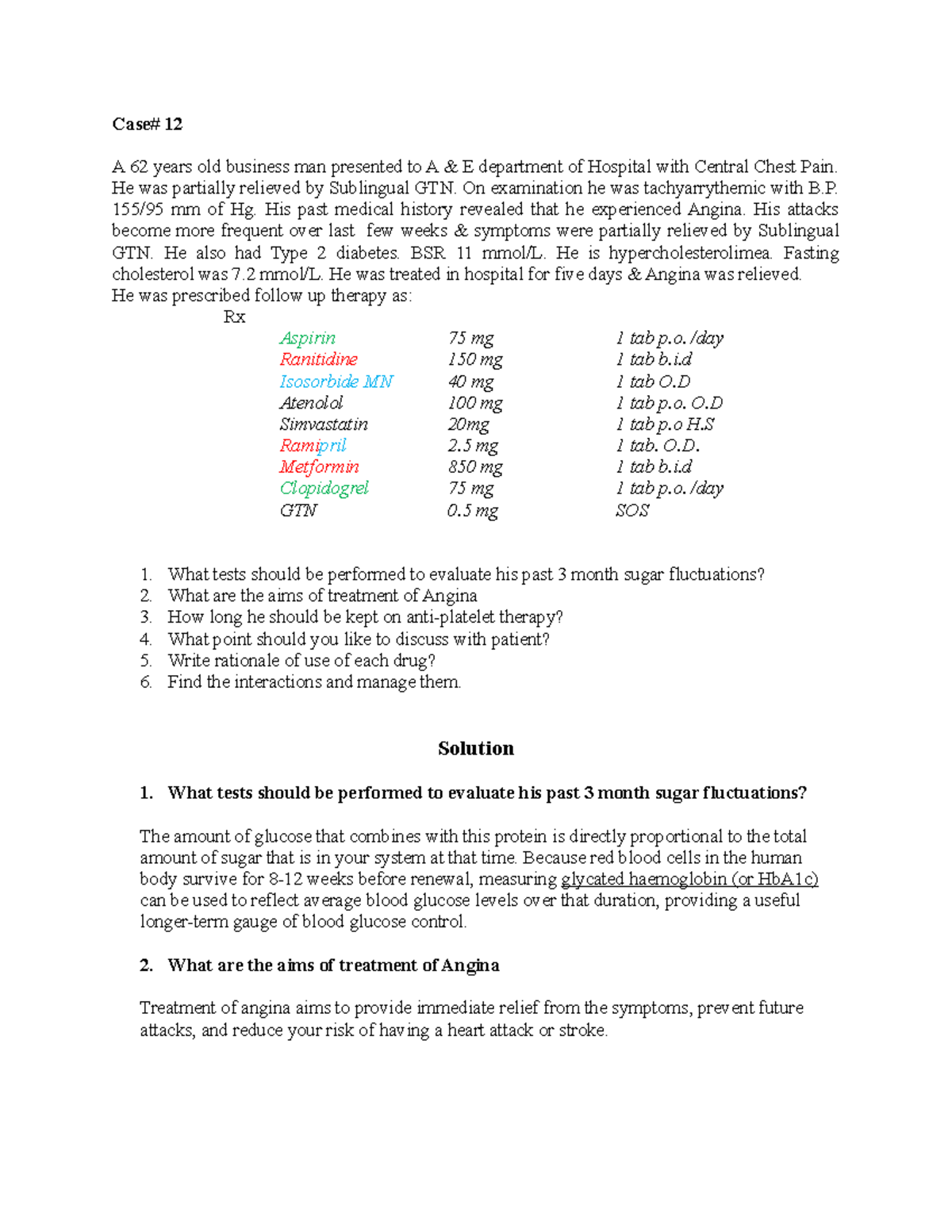 case presentation on angina with diabetes - Case# 12 A 62 years old ...