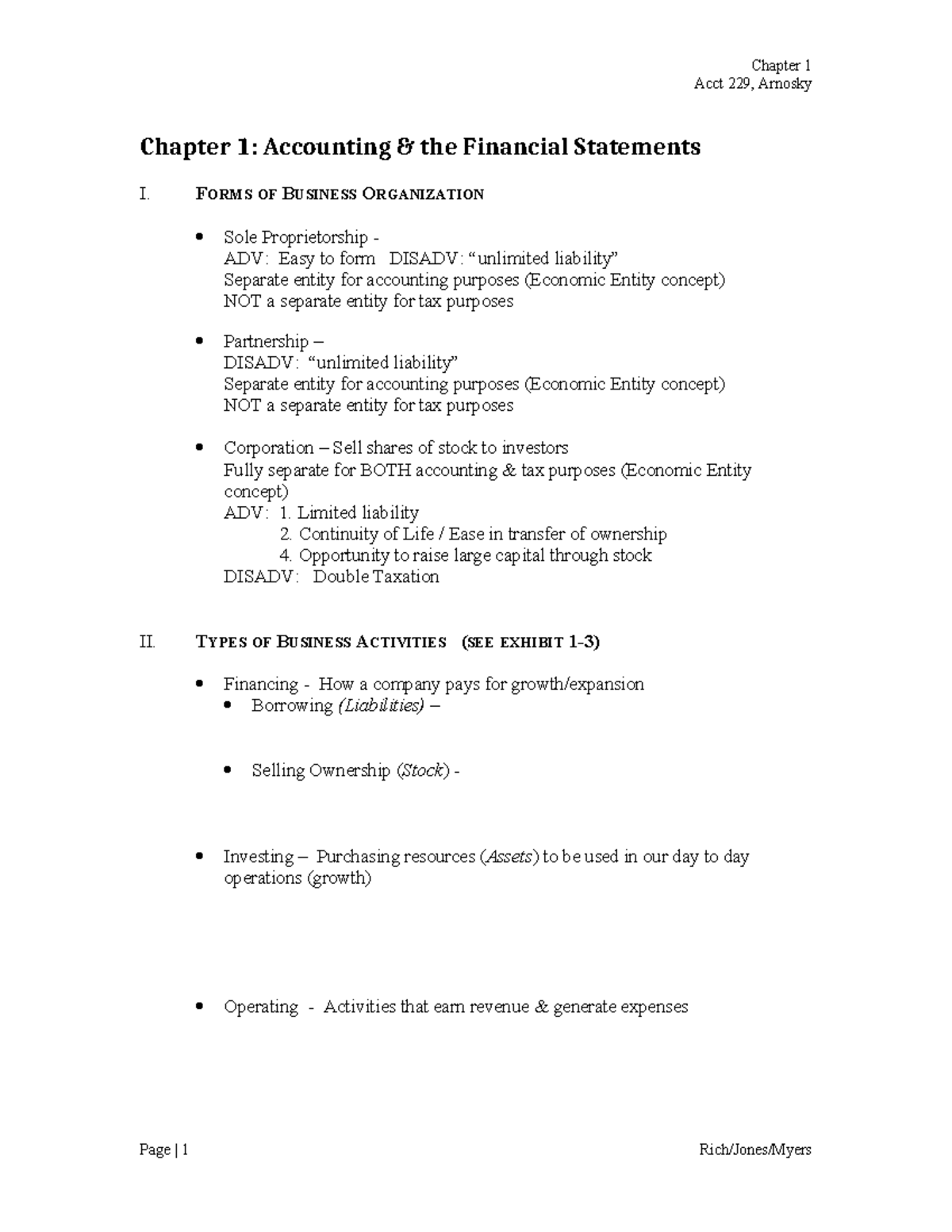 Chapter 1 Notes (RJM) - Acct 229, Arnosky Chapter 1: Accounting & the ...