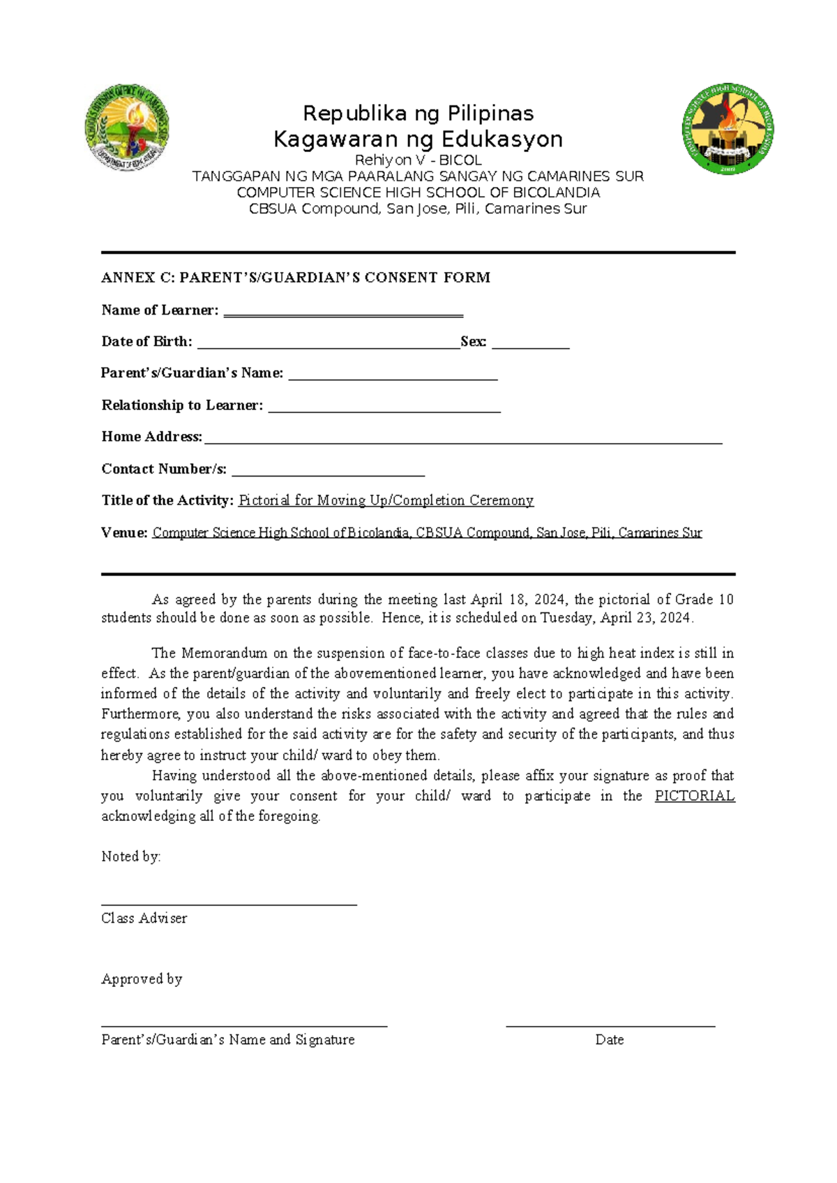 Parents Consent Pictorial docx - Republika ng Pilipinas Kagawaran ng Edukasyon Rehiyon V - BICOL ...