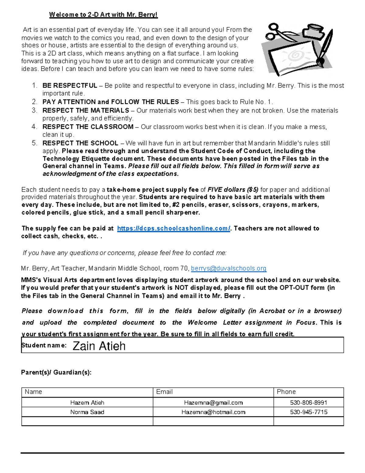 Welcome letter for art Zain Atieh - Welcome to 2-D Art with Mr. Berry ...