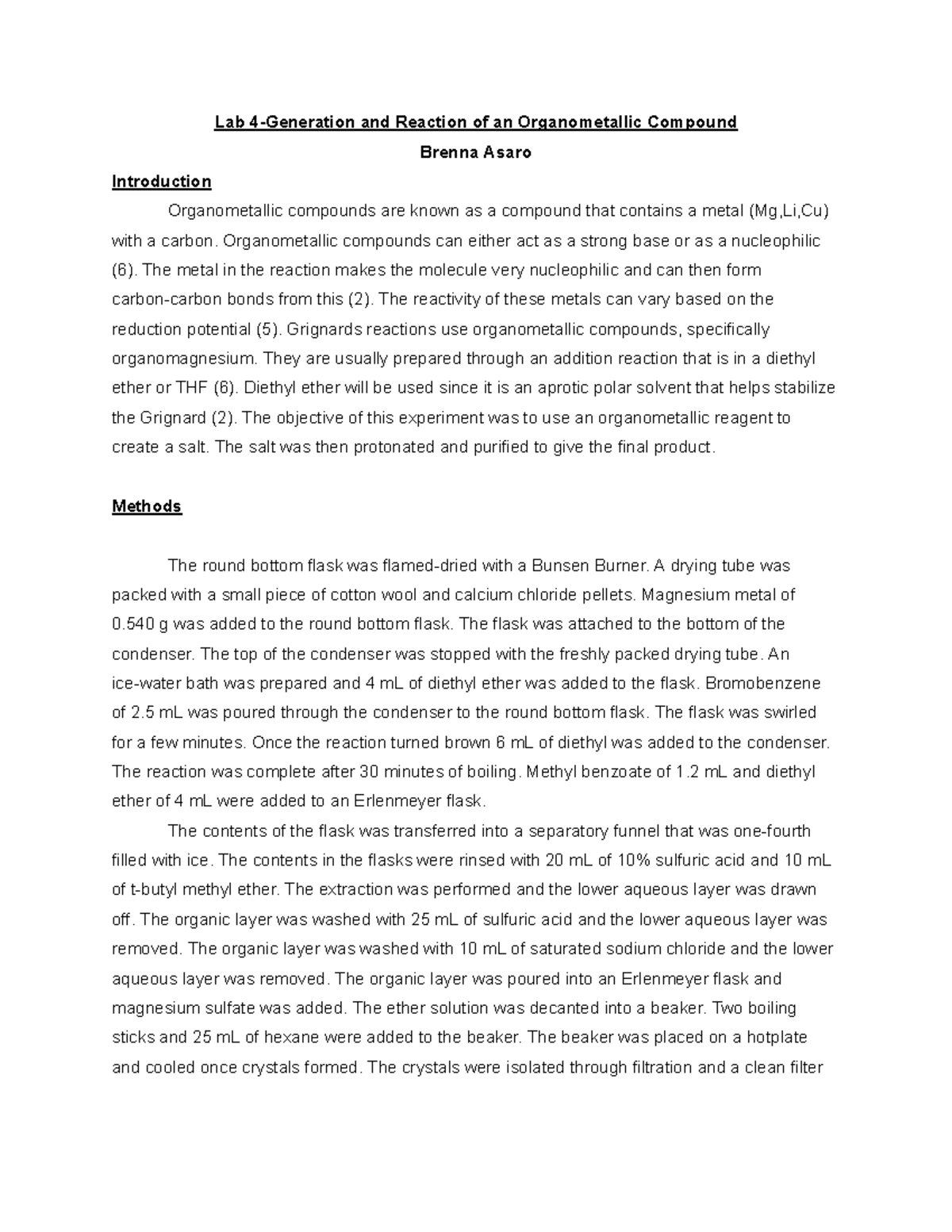 Lab Report 4 - generation and reaction of organometallic compound - Lab ...